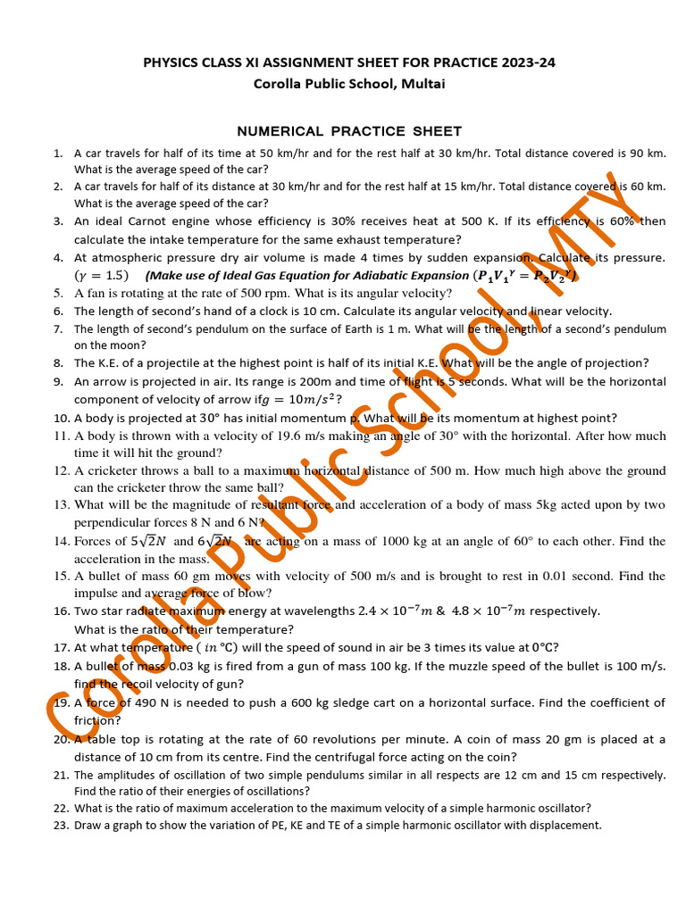 Physics Class Xi Assignment Sheet For Practice 2021 Num | PDF | Force | Mass