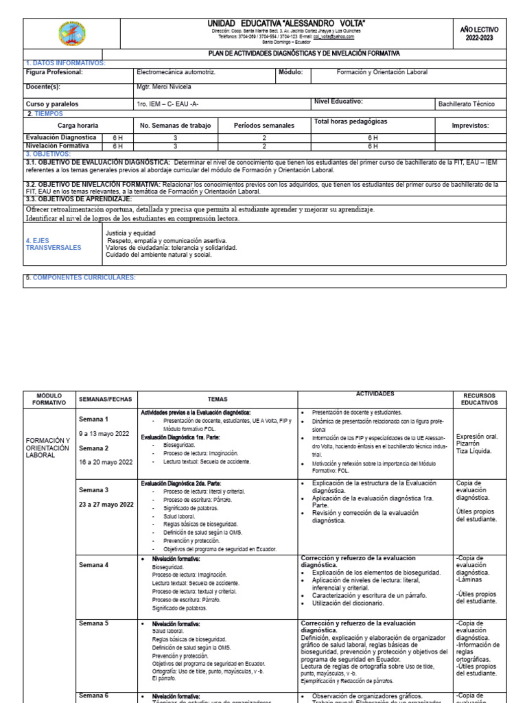 EJEMPLO PLAN EVAL. DIAGNÓSTICO Y NIVELACIÓN FORMATIVA. | PDF | Evaluación | Comunicación humana