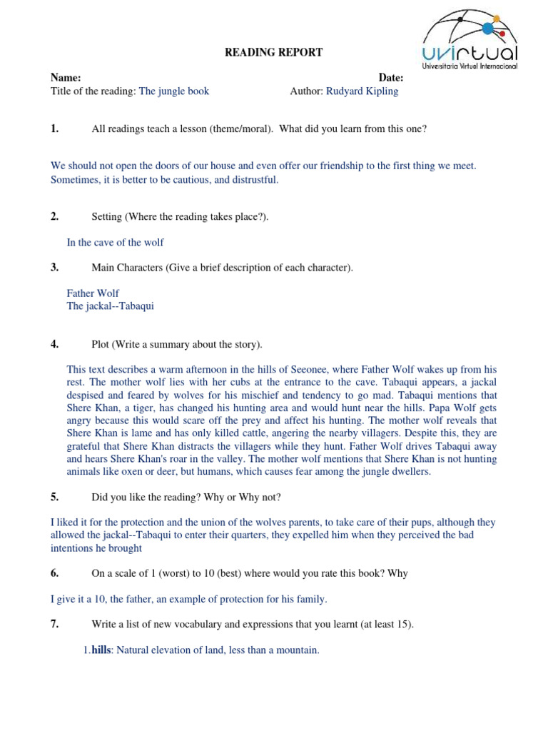 Elementary 3 Reading Report | PDF | Shere Khan | The Jungle Book