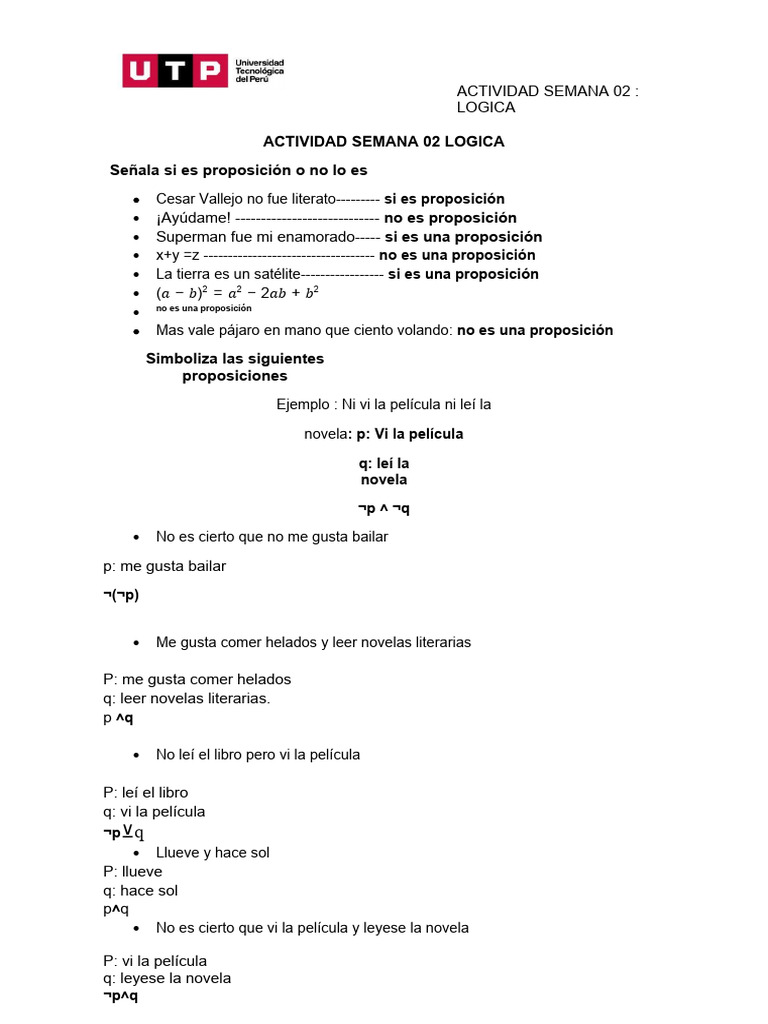 Actividad Semana 02 Logica | PDF | Proposición | Sintaxis (Lógica)