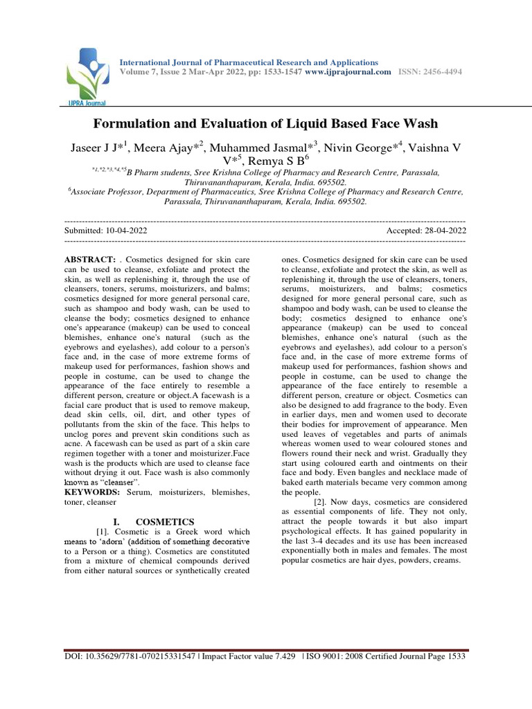Formulation and Evaluation of Liquid Based Face Wash | PDF | Cosmetics ...