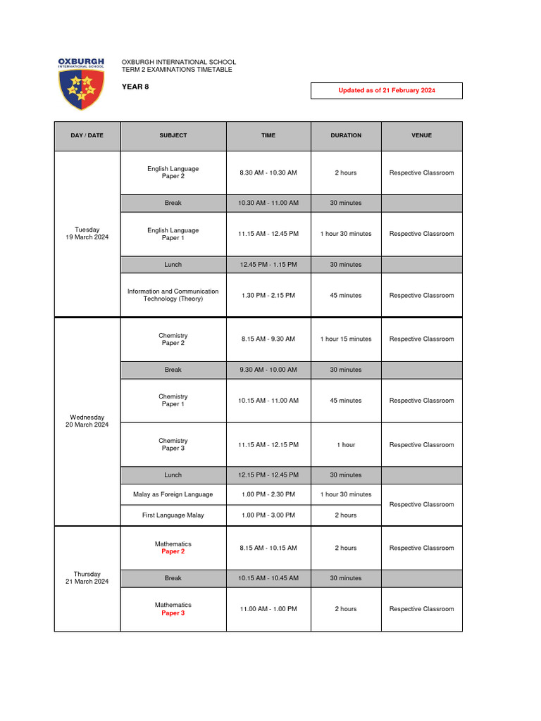 Year 8 - Term 2 Exam Timetable (Updated As of 21 Feb) | PDF