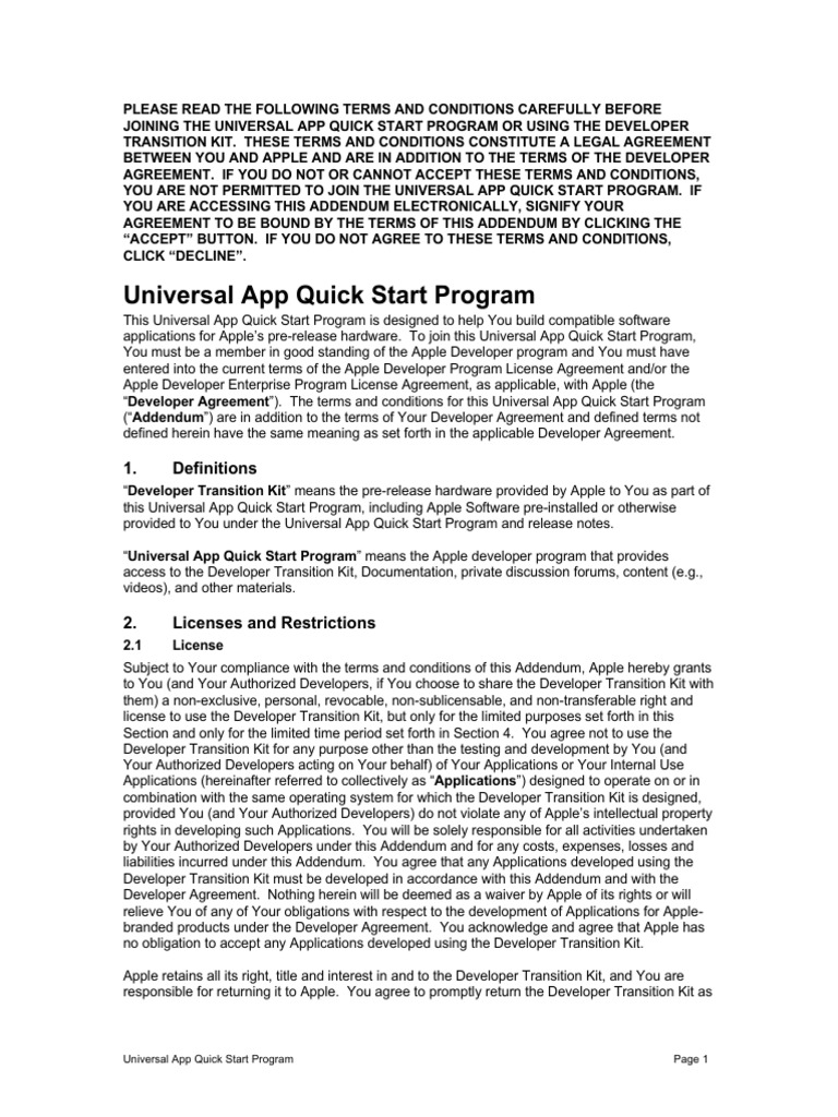 Universal App Quick Start Program | PDF | Indemnity | Application Software