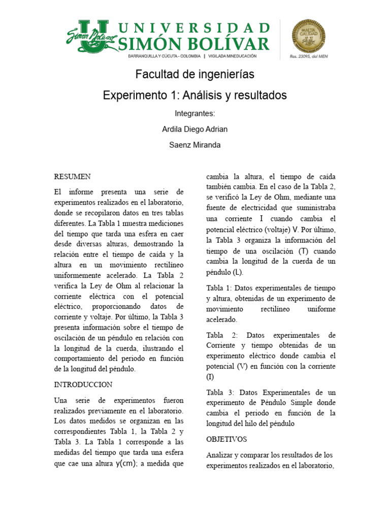 Informe de Fisica 1 | PDF | Péndulo | Ecuaciones