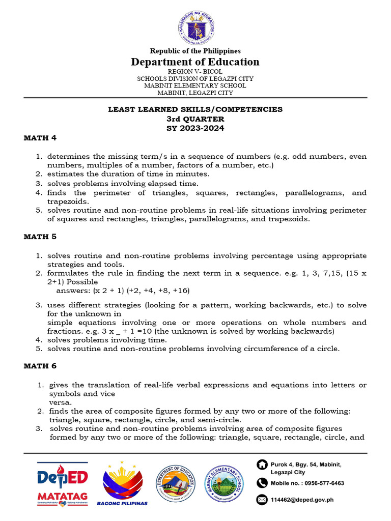 Least Learned Skills: Math & MAPEH 2023 | PDF | Area | Rectangle