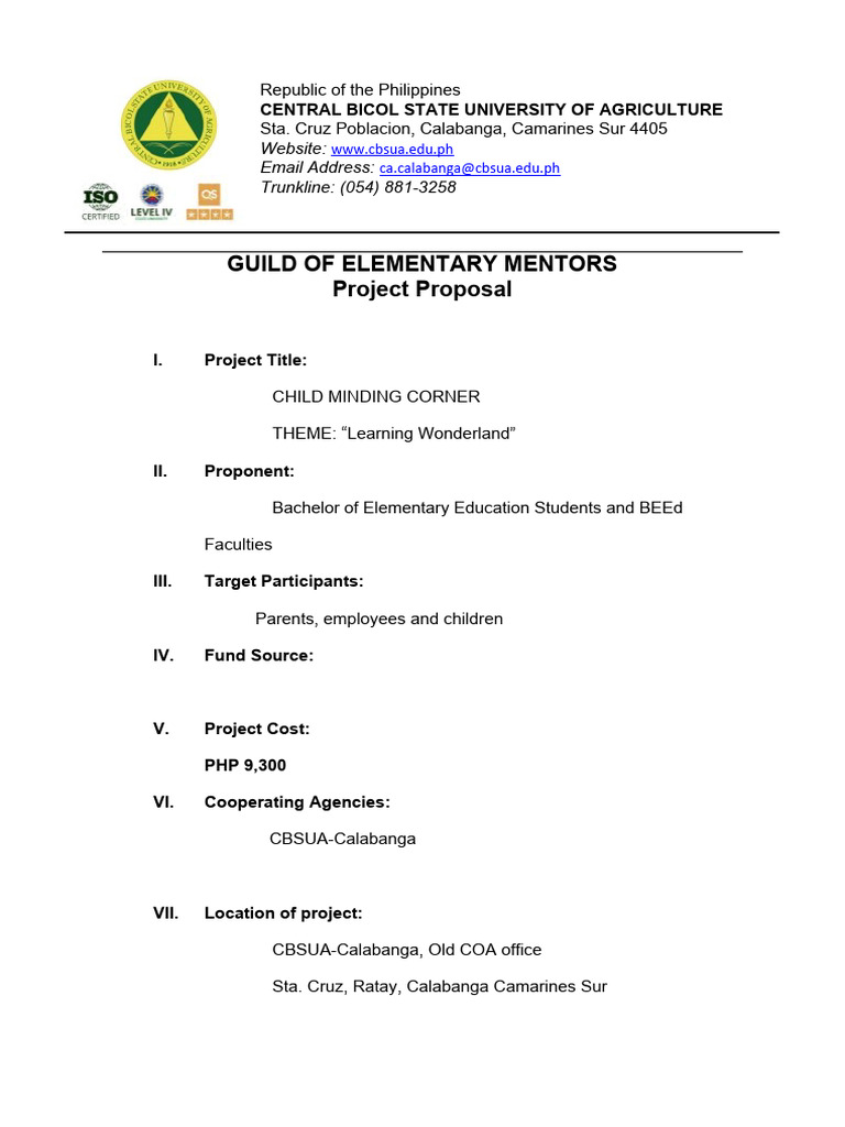 Child Minding Corner Project Proposal | PDF | Learning | Psychology