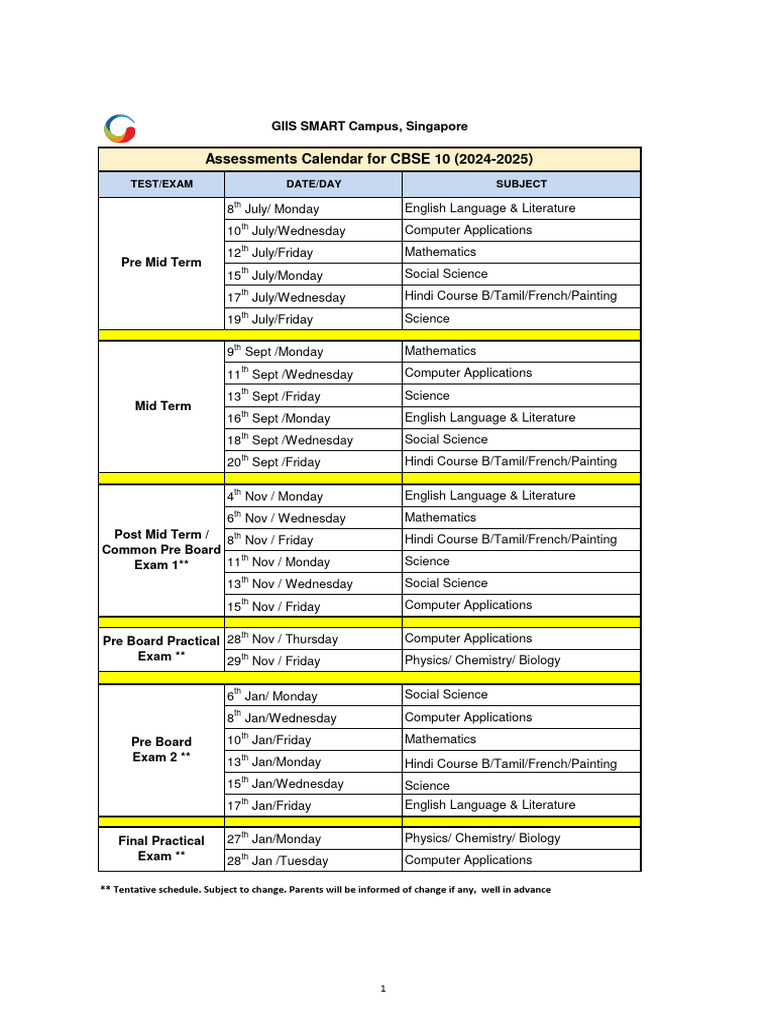 Assessments Calendar For CBSE 10 (2024-2025) : GIIS SMART Campus, Singapore | PDF | Science