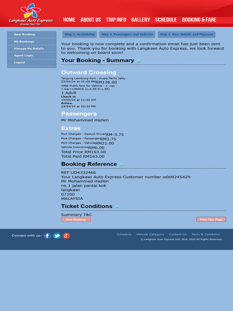 Langkawi - Booking Summary | PDF