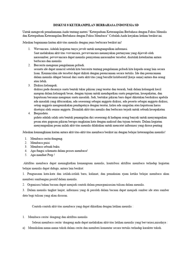 Diskusi 8 Keterampilan Berbahasa Indonesia SD | PDF