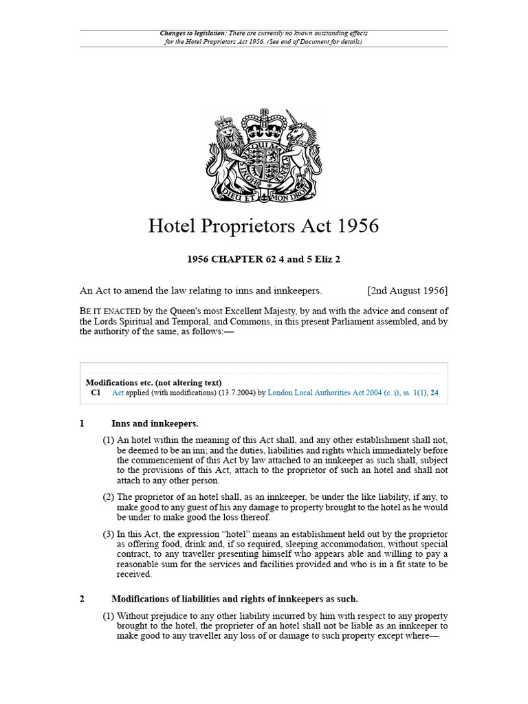Overview of Hotel Proprietors Act 1956 | PDF | Inn | Ownership