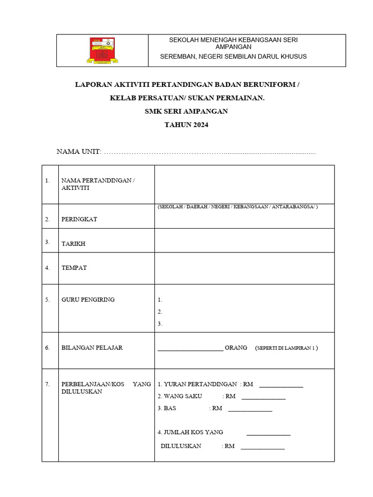 TEMPLATE LAPORAN AKTIVITI PERTANDINGAN UNIT KOKURIKULUM 2024 | PDF
