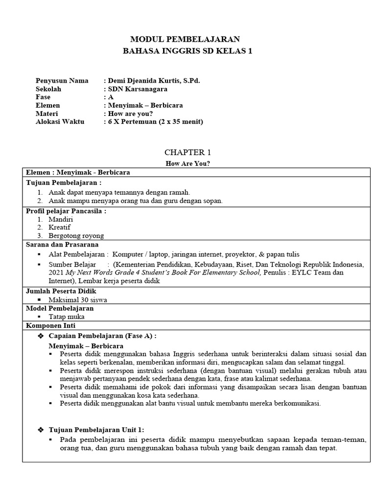 MODUL AJAR Kelas 1 CHAPTER 1 | PDF