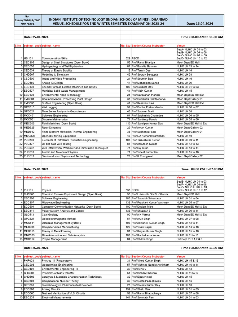 IIT Dhanbad Winter Exam Schedule 2024 | PDF | Engineering | Physical ...