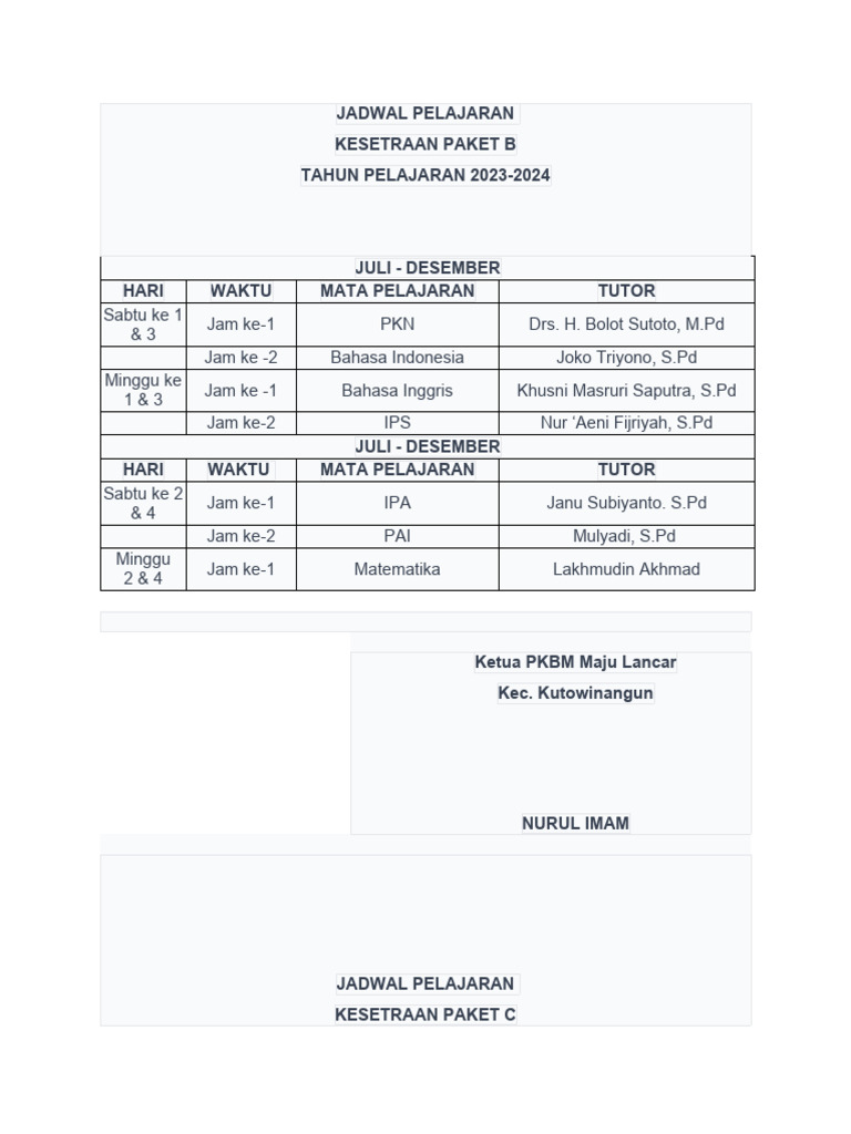 JADWAL PELAJARAN PKBM 2023 Dan Rek Print | PDF