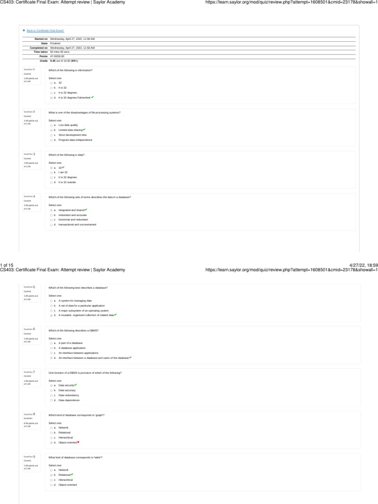 Back To 'Certificate Final Exam/': Correct 1.00 Points Out of 1.00 | PDF | Databases ...