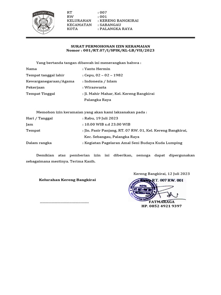 Surat Permohonan Izin Keramaian RT 007 2023 | PDF