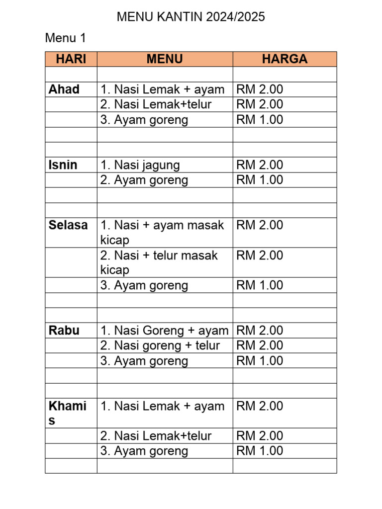 MENU KANTIN 2024 | PDF | Asian Cuisine | Thai Cuisine