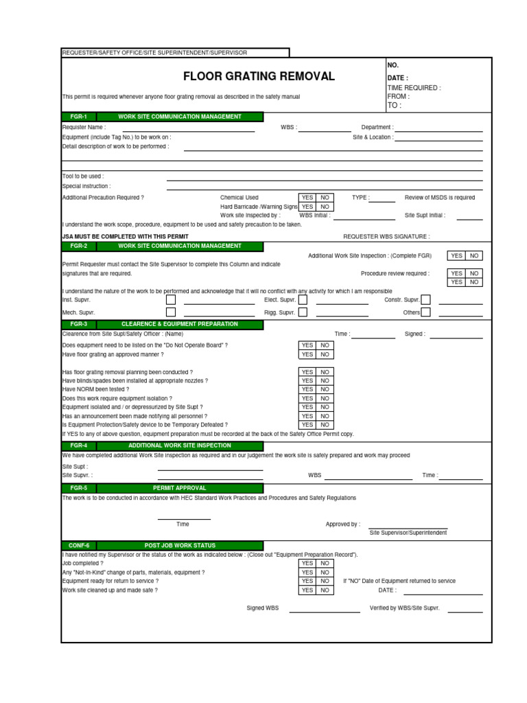Floor Grating Removal Permit Form | Download Free PDF | Safety ...