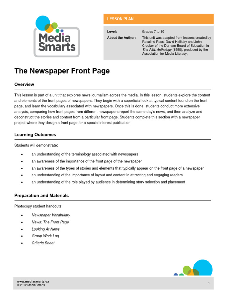 Lesson Newspaper Front Page | PDF | Newspapers | News