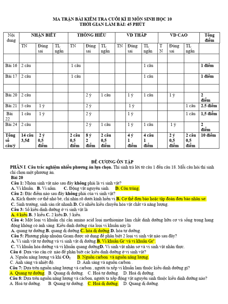 Đáp Án Đề Cương Ôn Tập Sinh Ck2 | PDF