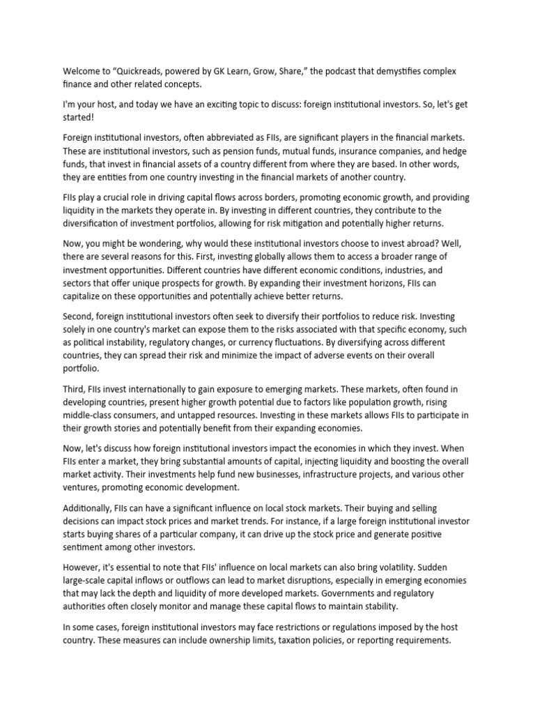 A Podcast Script On FIIs | PDF | Investing | Institutional Investors