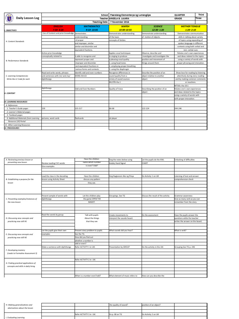 English, Math, MAPEH, Science, MTB Grade 3 DLL, Q3 Week 2 (Nov 7) | PDF | Learning | Reading ...