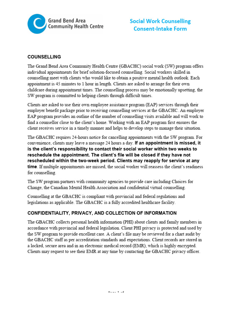Social Work Counselling Intake Consent Form | PDF | Social Work ...