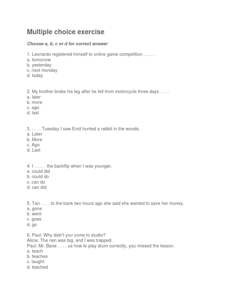 Multiple Choice Exercise Simple Past Tense | PDF
