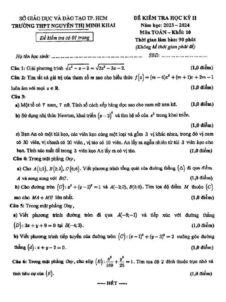 De Hoc Ky 2 Toan 10 Nam 2023 2024 Truong THPT Nguyen Thi Minh Khai TP HCM 1 | PDF