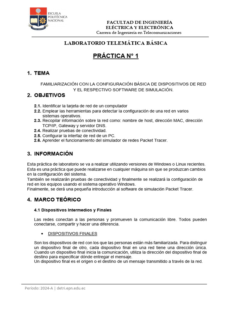 Practica N01 Teld623l 2024a | Descargar gratis PDF | Red de computadoras | Dirección IP
