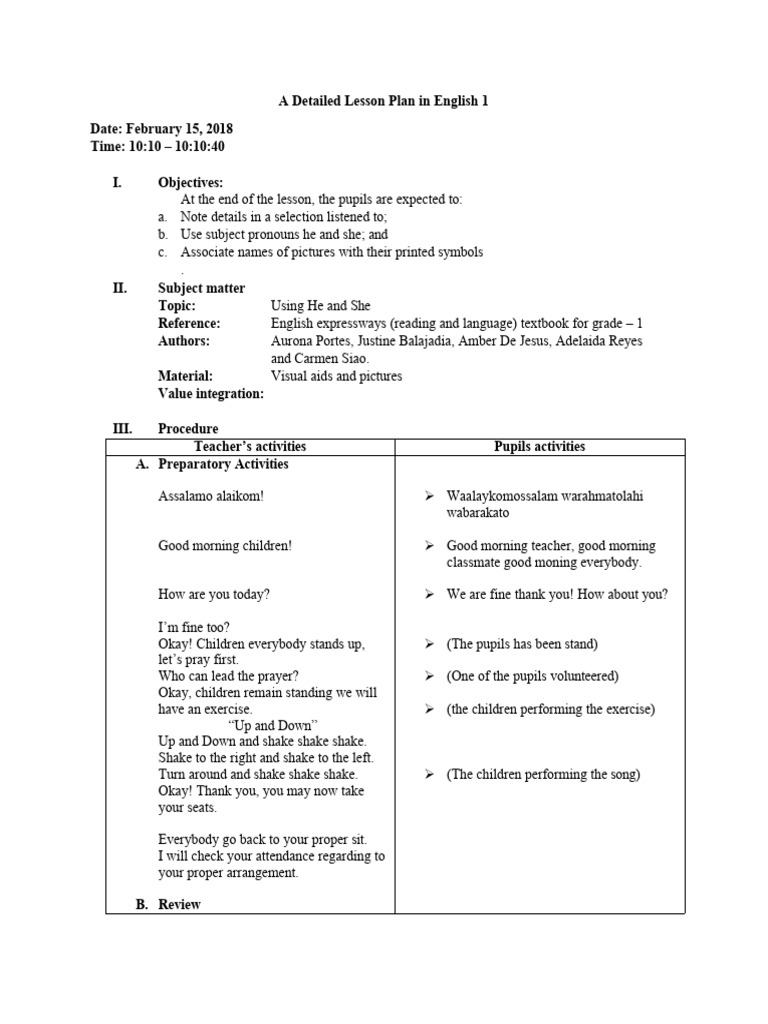 A Detailed Lesson Plan in English 1 | PDF | Human Communication
