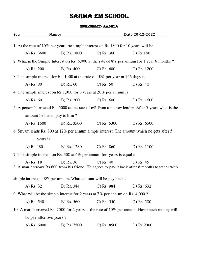 Aadhya Worksheet SImple Intrest (20-12-2022) | PDF | Interest | Loans