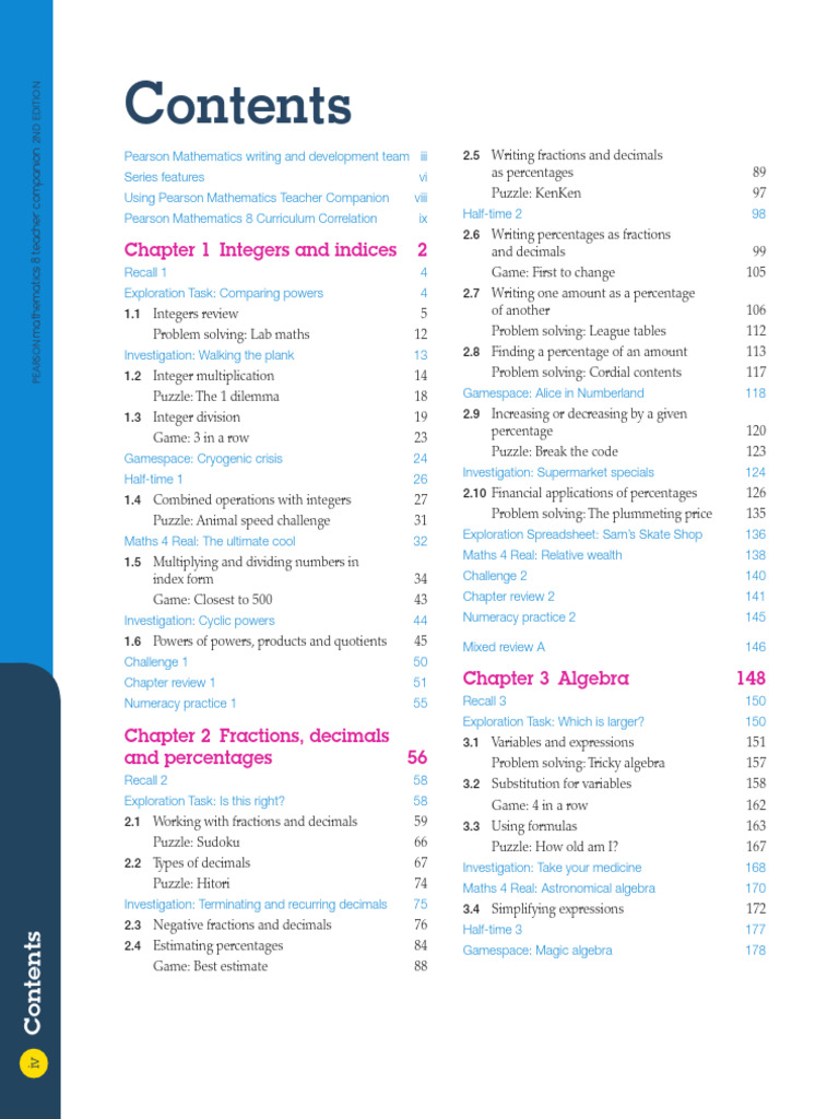 Pearson Mathematics Year 8 Teacher Companion Table of Contents | PDF ...