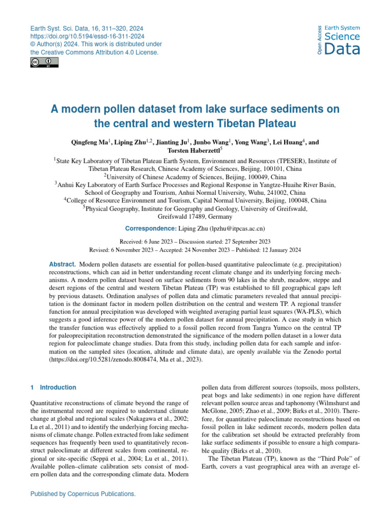 A Modern Pollen Dataset From Lake Surface Sediment | PDF | Climate ...