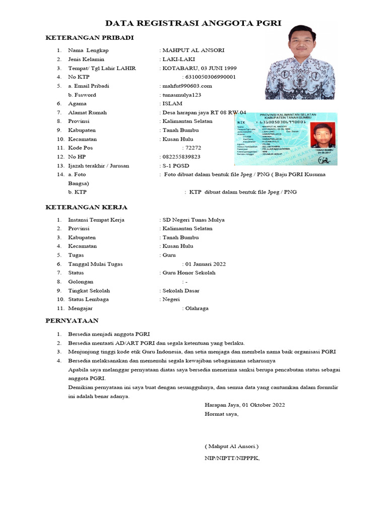 Format Data Registrasi Anggota Pgri 2022 Mahput | PDF