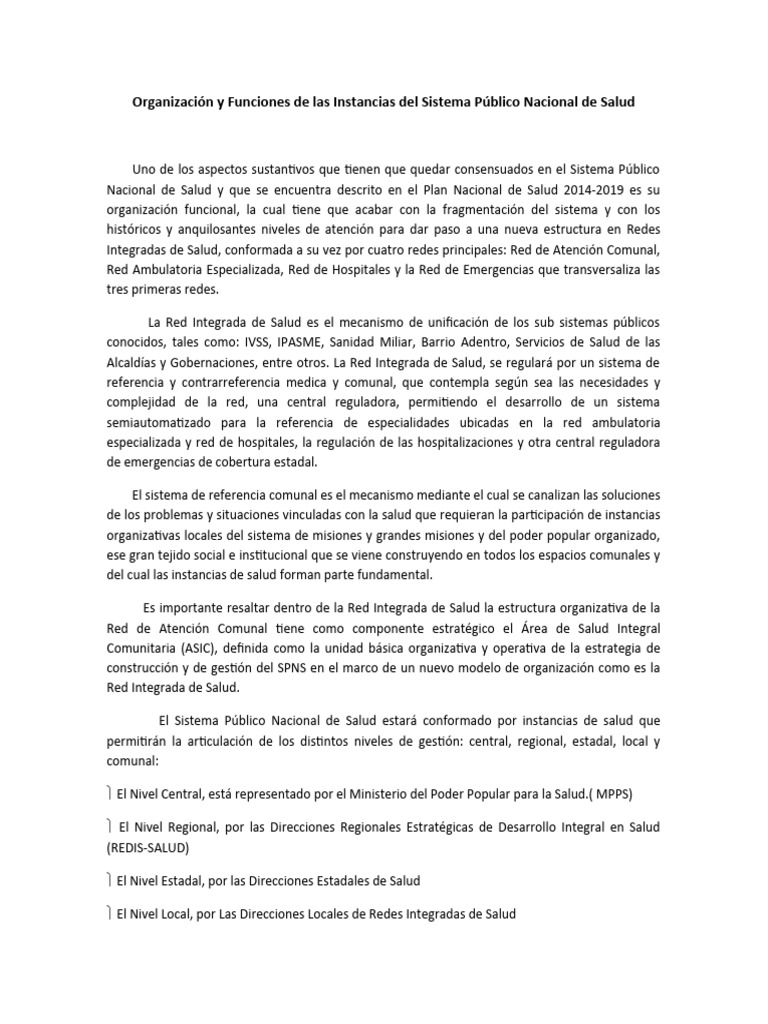 OrganizaciÃ N y Funciones de Las Instancias Del Sistema PÃºblico Nacional de Salud | PDF ...
