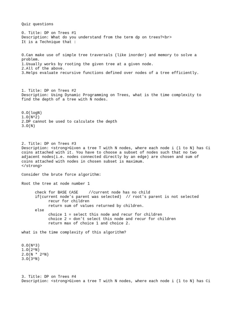 4.QuizDynamicProgrammingonTrees [Quiz] | PDF | Time Complexity | Computational Complexity Theory