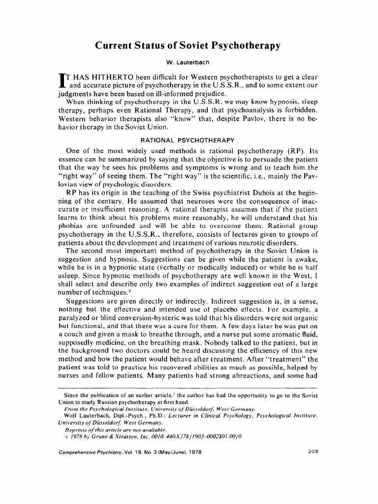 Current Status of Soviet Psychotherapy: W. Lauterbach | PDF ...