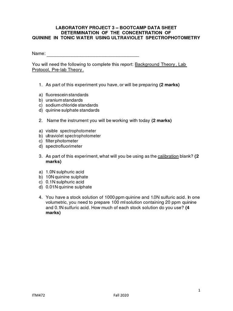 LABORATORY PROJECT 3 - BOOTCAMP Data Sheet Fall 2020 | PDF | Spectrophotometry | Ultraviolet ...
