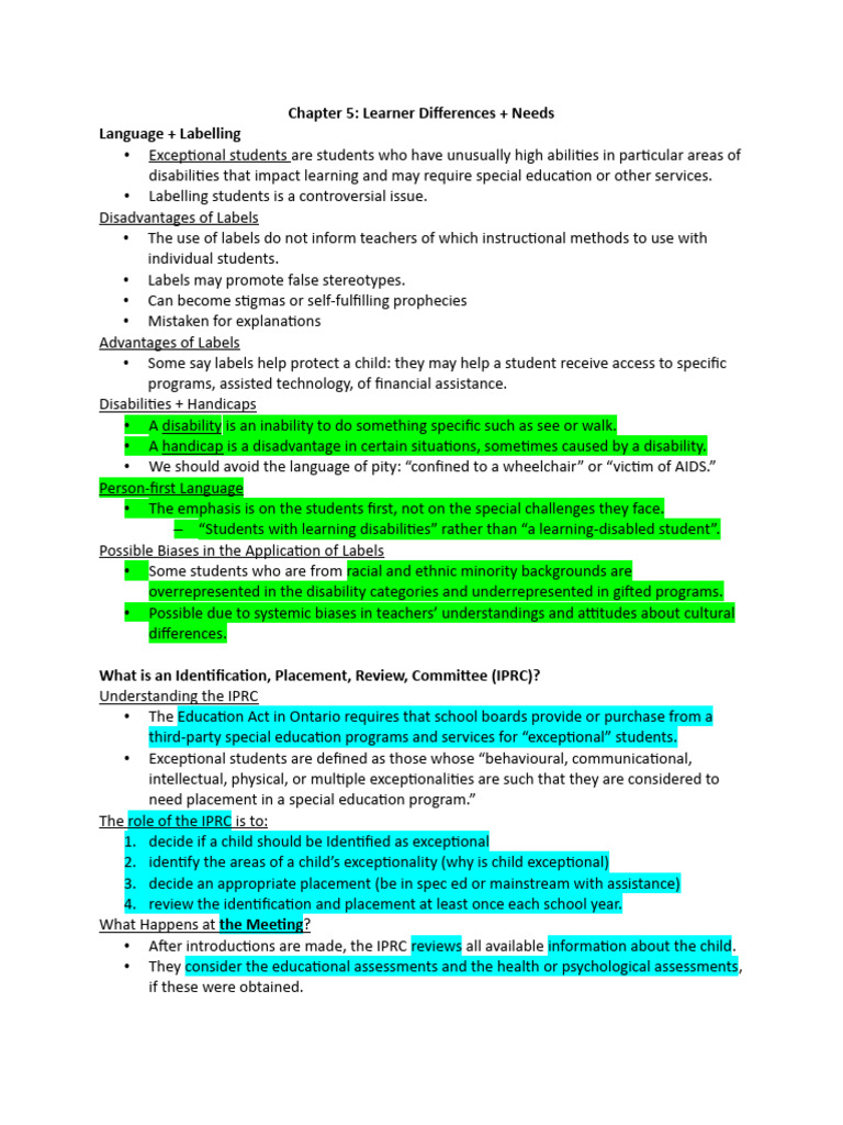 Chapter 5 - Learner Differences + Needs | PDF | Intelligence Quotient | Learning Disability