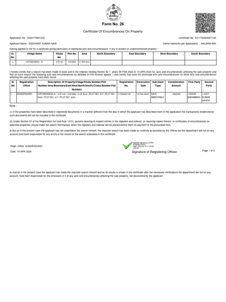 Form No. 26: Certificate of Encumbrances On Property | PDF | Natural ...