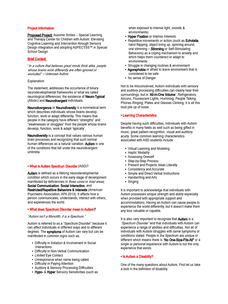 Project Information | PDF | Autism Spectrum | Asperger Syndrome