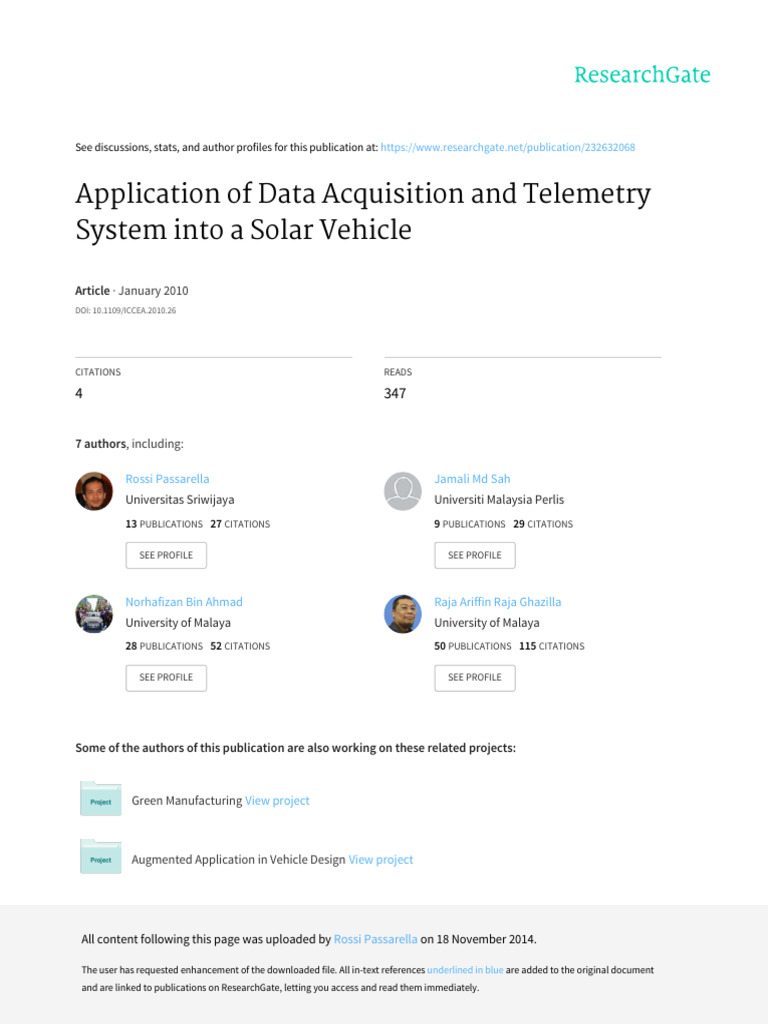 Application of Data Acquisition and Telemetry System Into A Solar Vehicle | PDF | Electrical ...