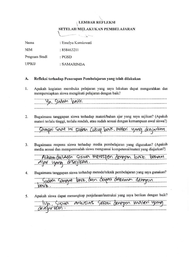 Lembar Refleksi RPP 6 - 1 | PDF