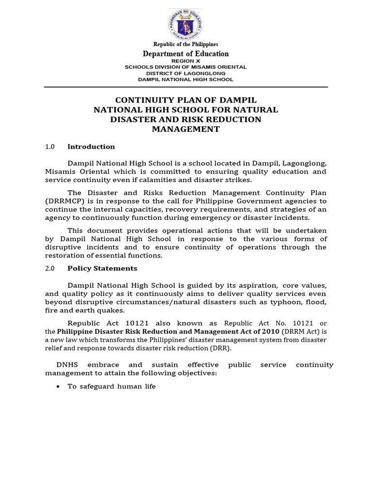 Final Dnhs Continuity Plan | PDF | Disaster Risk Reduction | Emergency Management