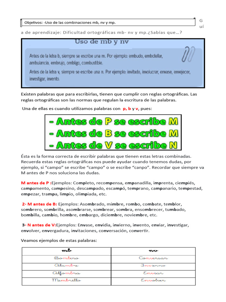 Reglas ortográficas: mb, nv y mp | PDF | Estudios de idiomas ...