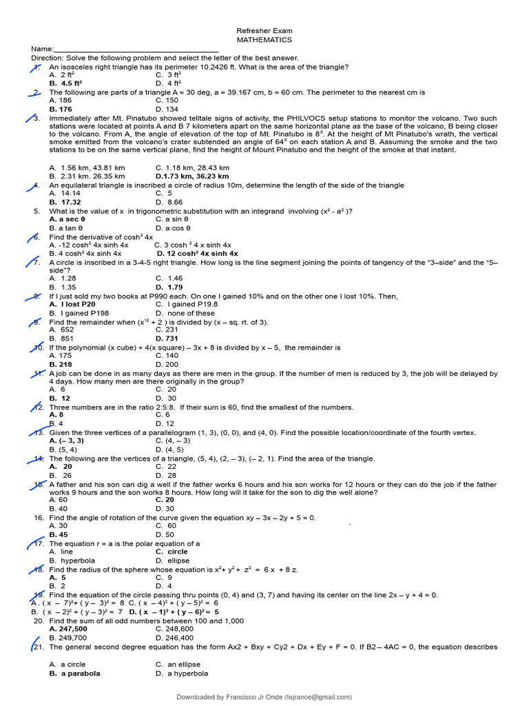 Refresher Exam in Mathematics | PDF | Triangle | Area
