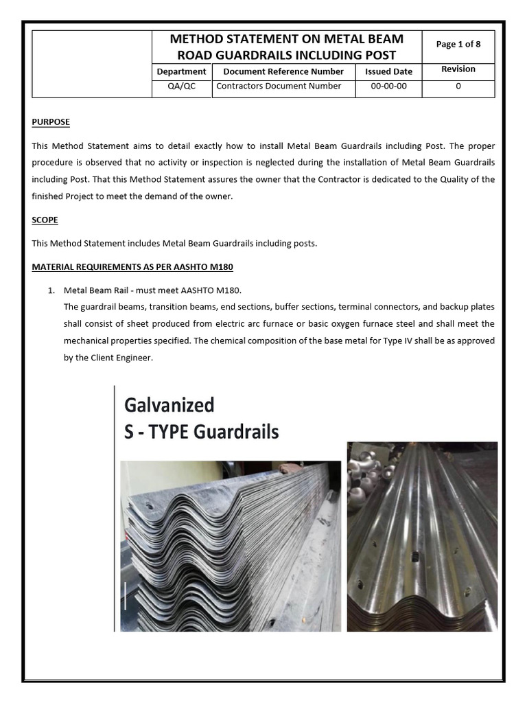 METHOD STATEMENT ON METAL BEAM GUARDRAILS | PDF | Screw | Sheet Metal