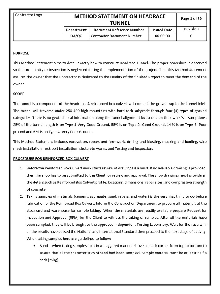 Method Statement On Headrace Tunnel | PDF | Concrete | Screw