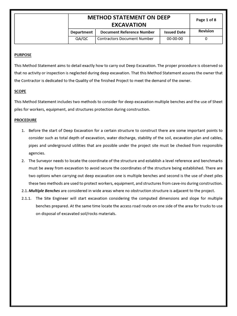 Method Statement On Deep Excavation | PDF | Deep Foundation | Civil ...